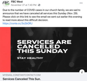 COVID-19 compels West church to cancel worship service